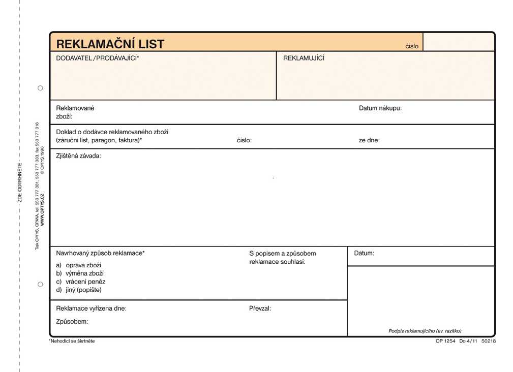 254 Reklamační list A5/100l NCR